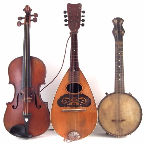 Lot 24 - Violin with case and bow, bowl back mandolin,