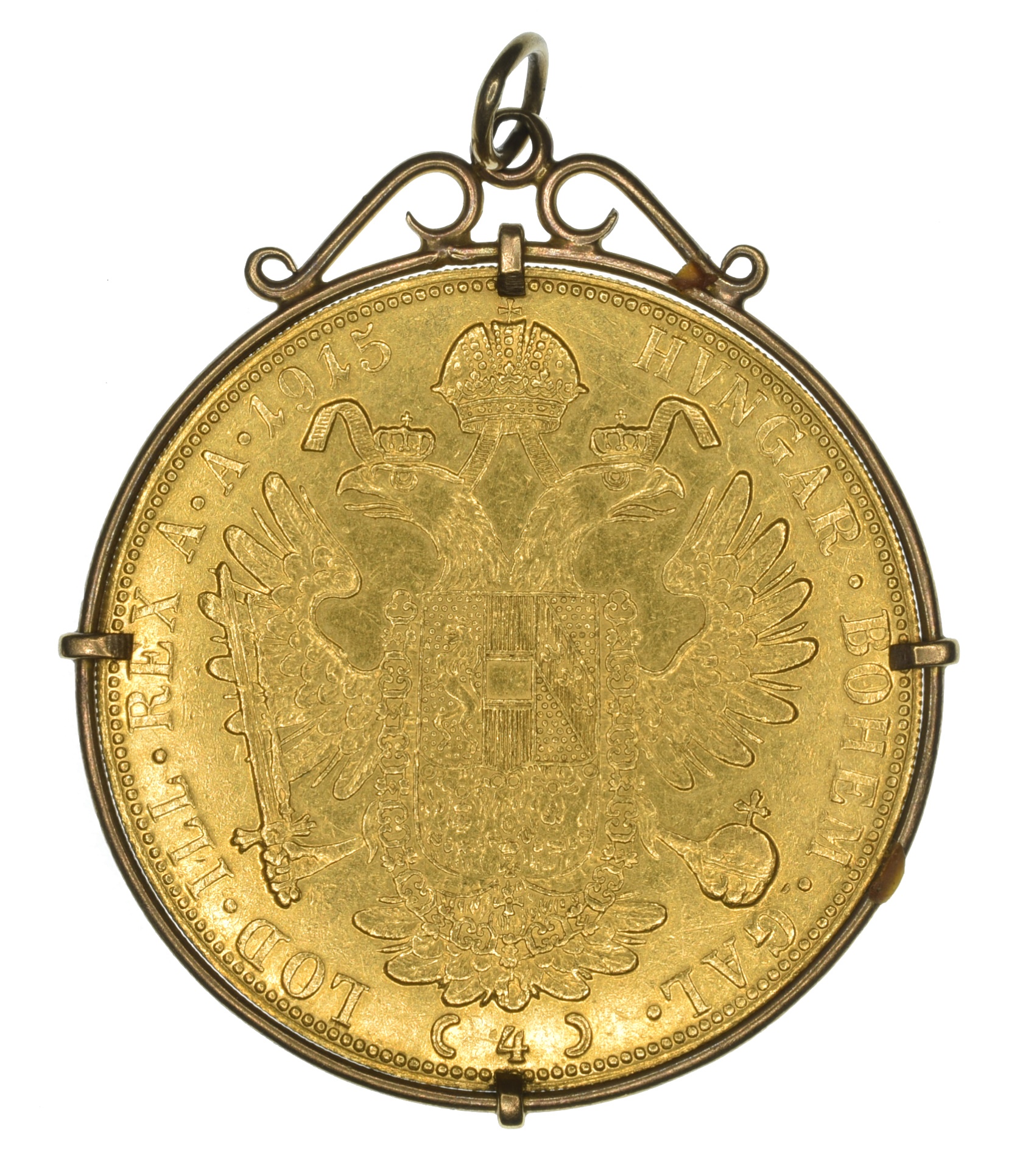 Lot 6 - Austria 4 Ducats gold coin in mount.