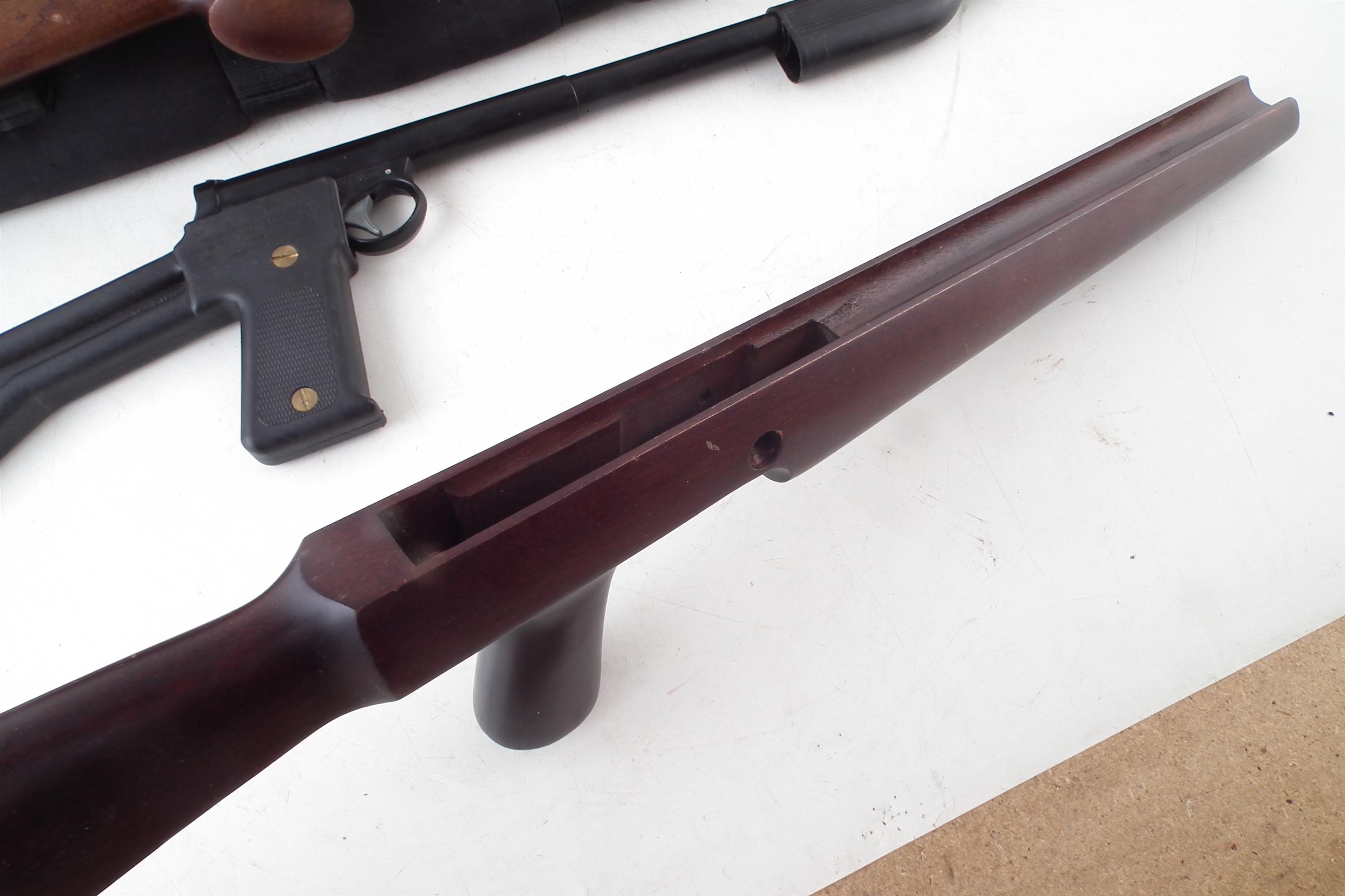 Lot 106 - GAT spring rifle, case, three rifle stocks