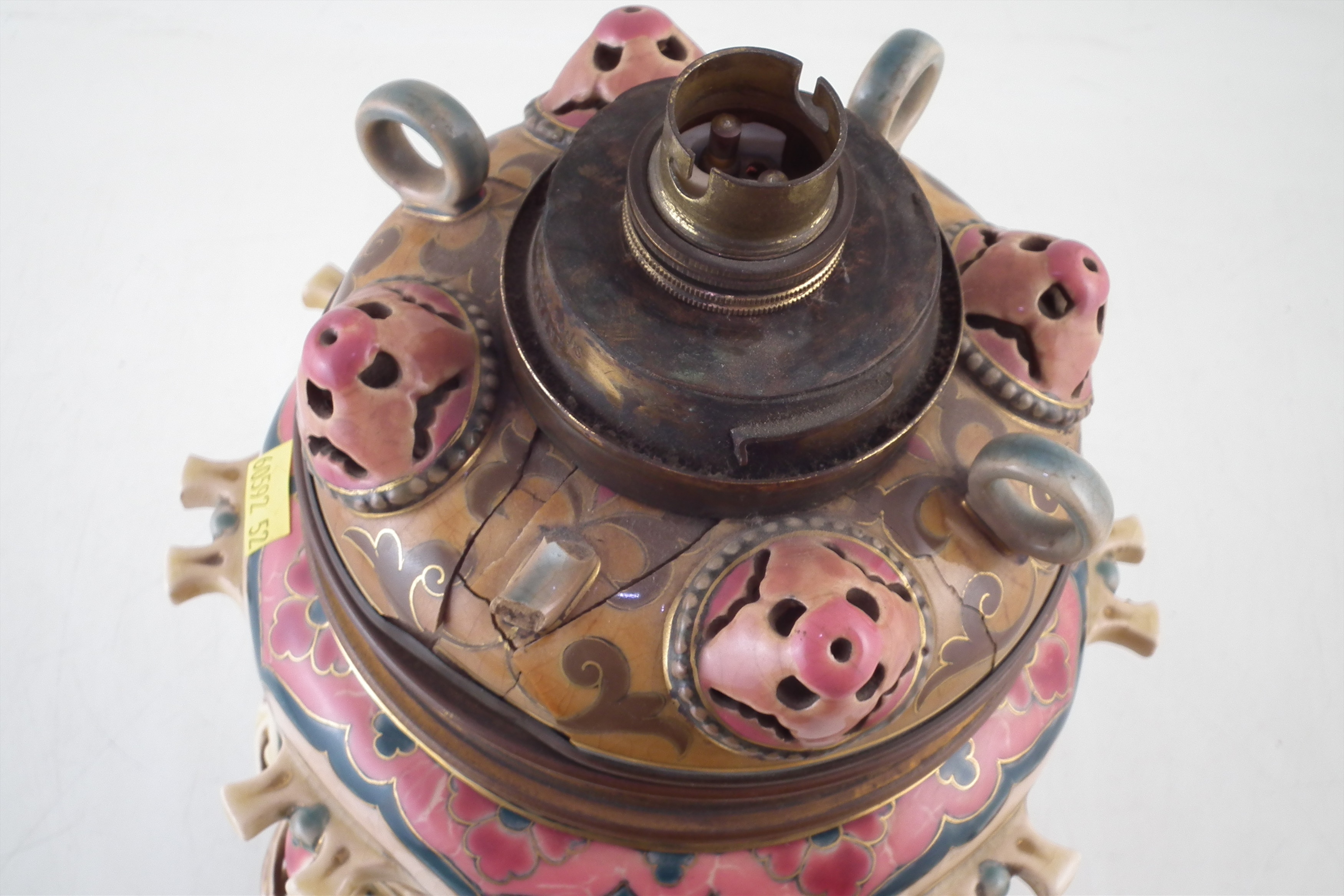 Lot 122 - Zsolnay Pecs oil lamp converted to electric.