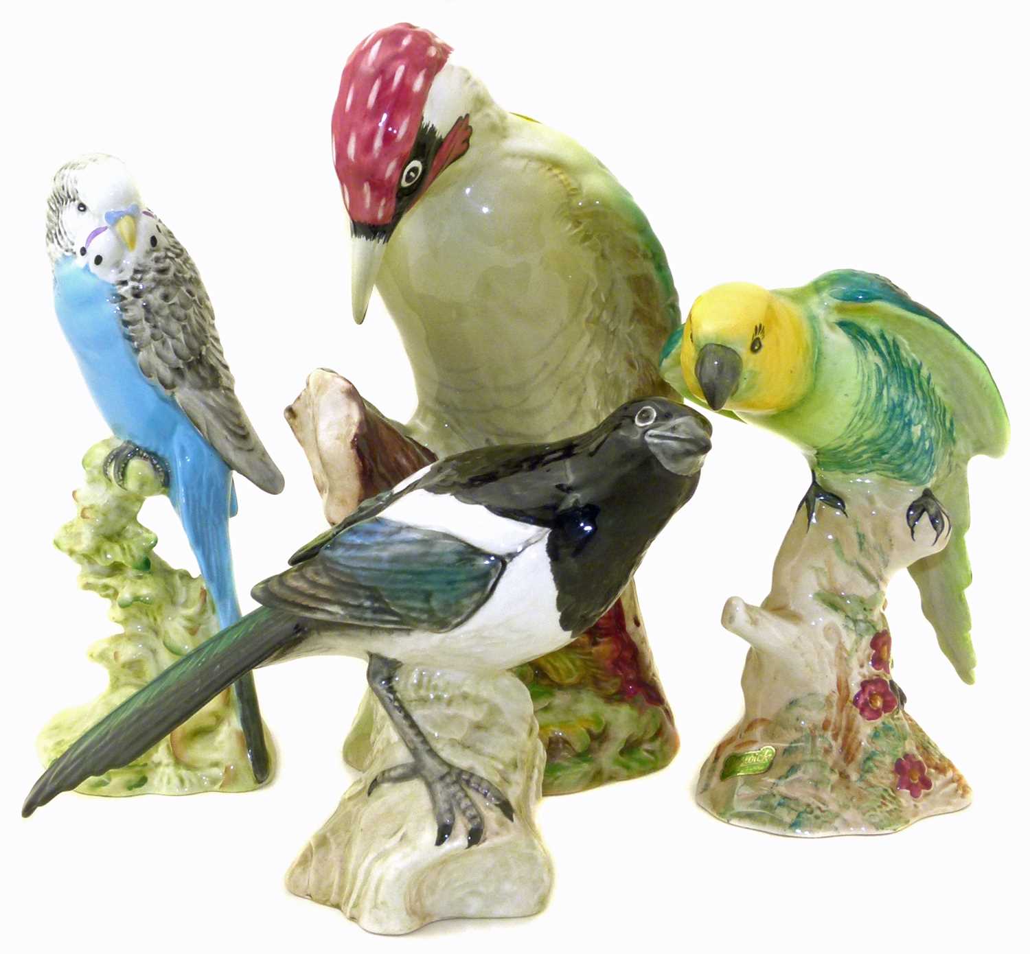 Lot 91 - Beswick Woodpecker, Parakeet, Budgie and