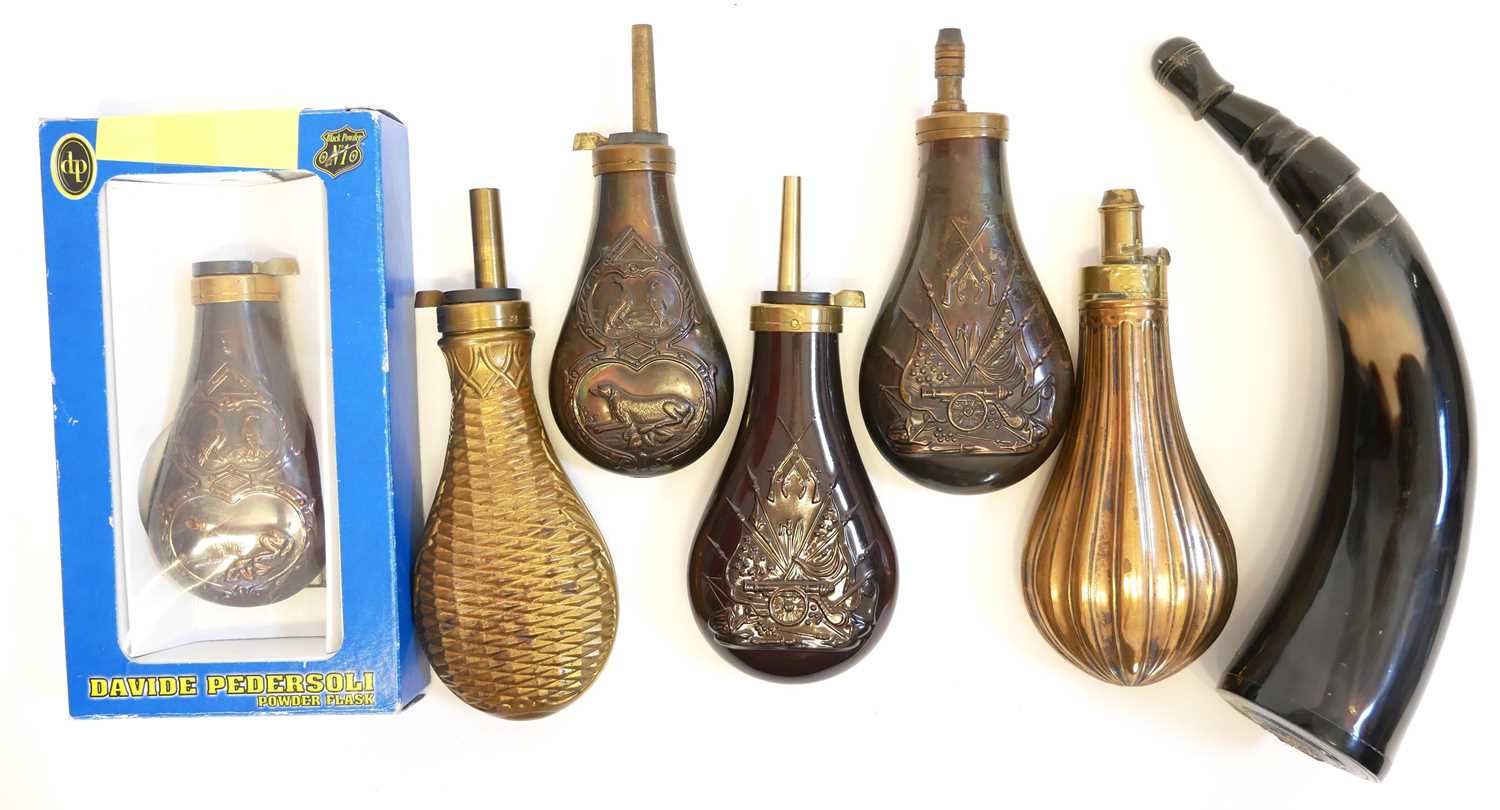 Lot 475 - Seven 20th century powder flasks
