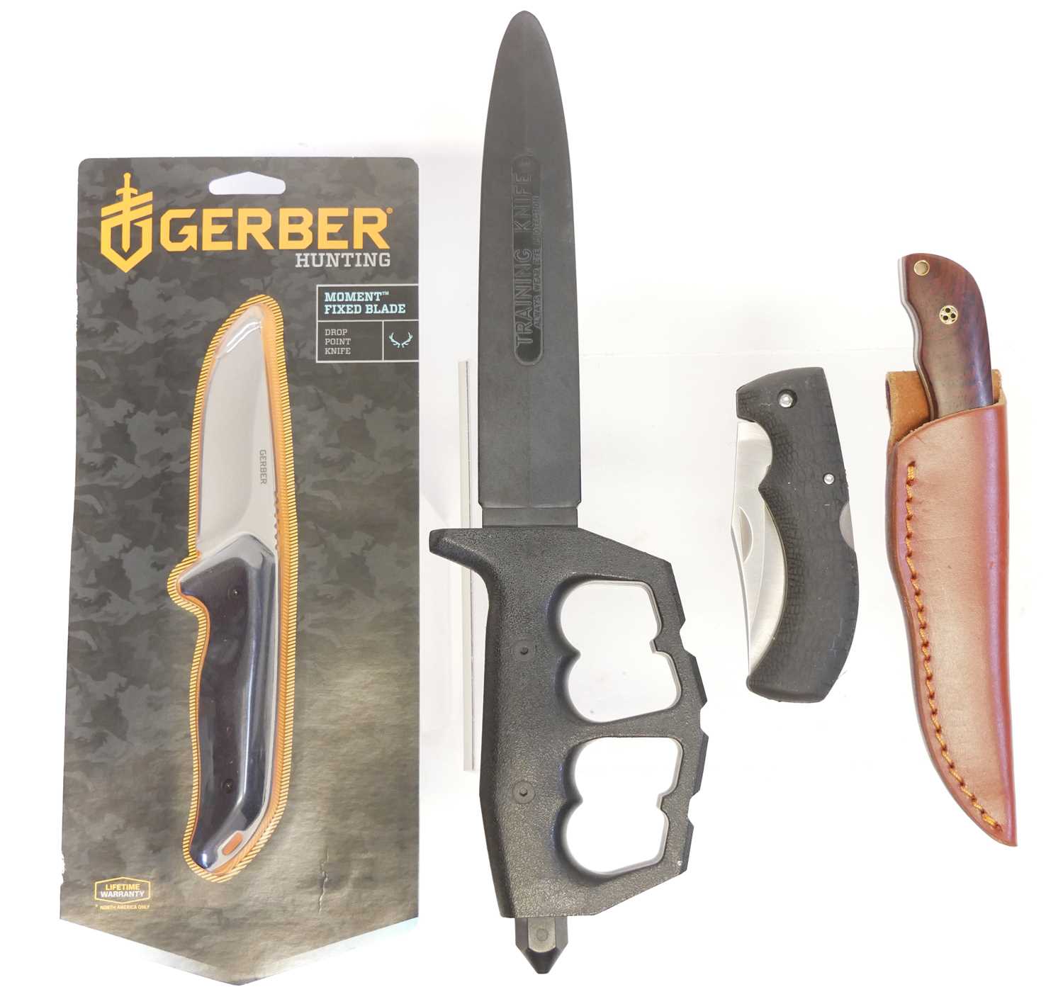 Lot 222 - Three knives and a training knife.