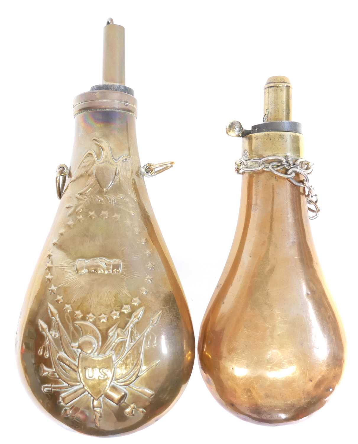 Lot 472 - Two copper and brass powder flasks