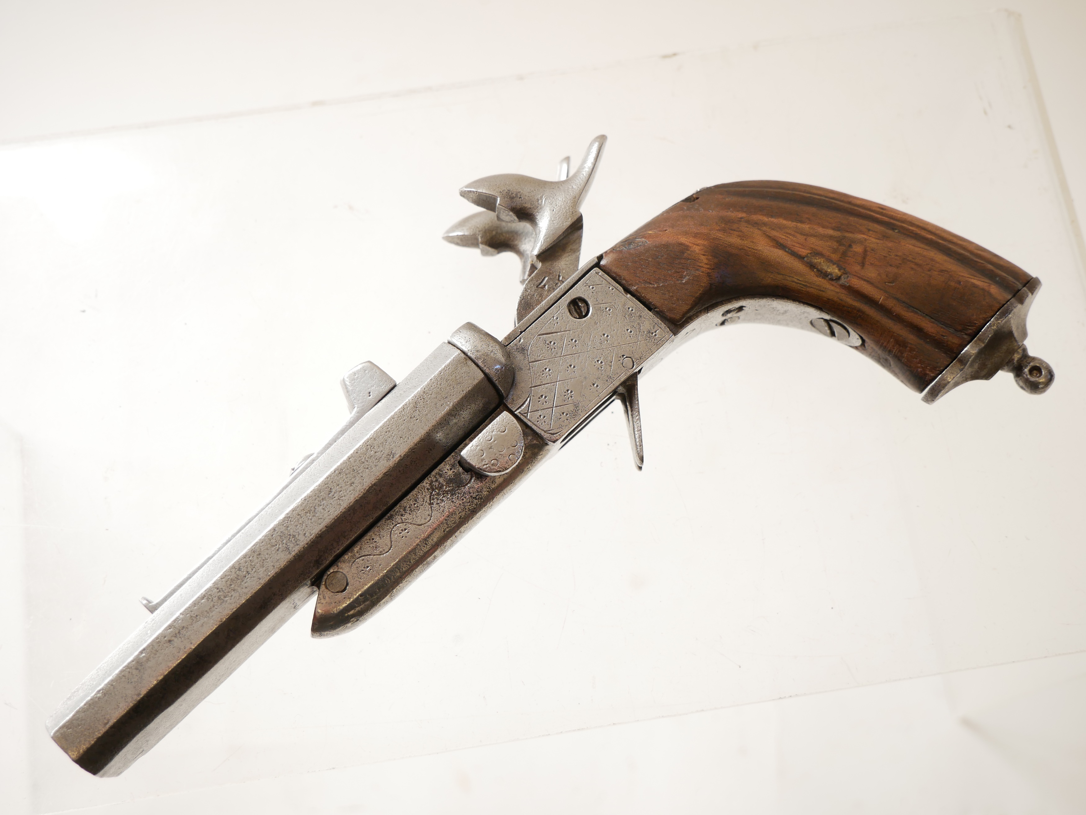 Lot 9 - Belgian 64 bore double barrel pinfire pistol,