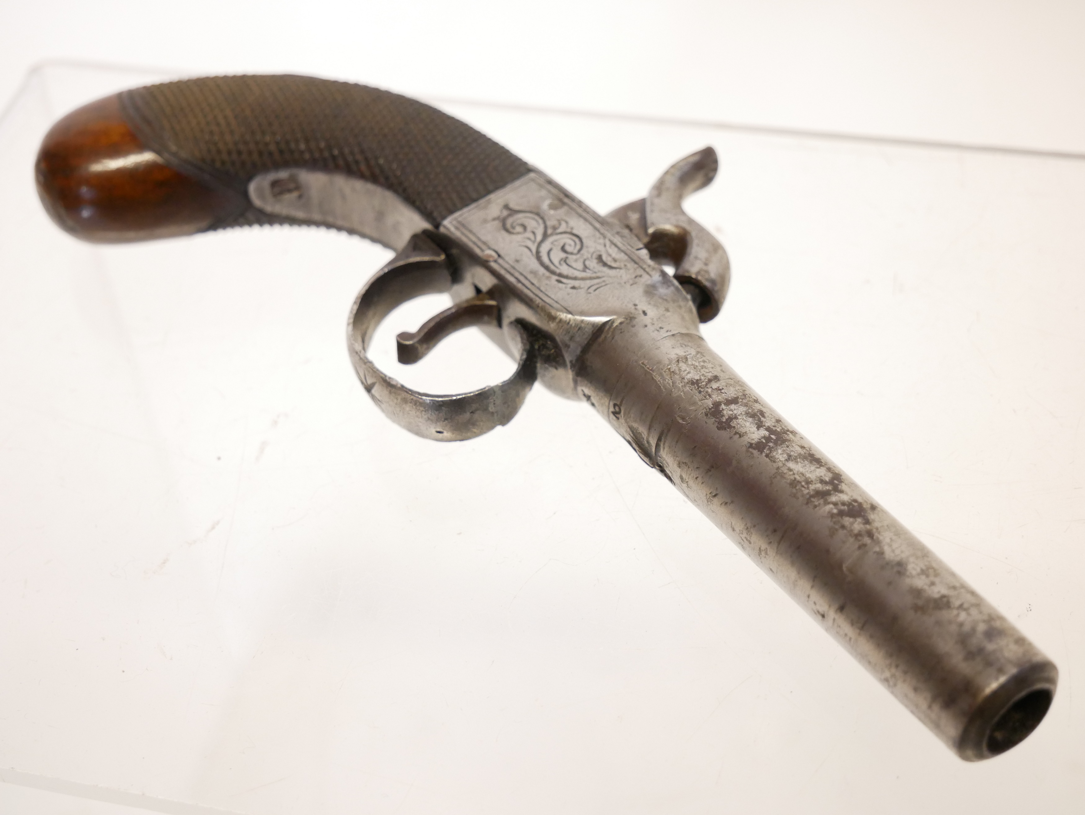 Lot 12 - Percussion box lock pistol, 3inch 80 bore
