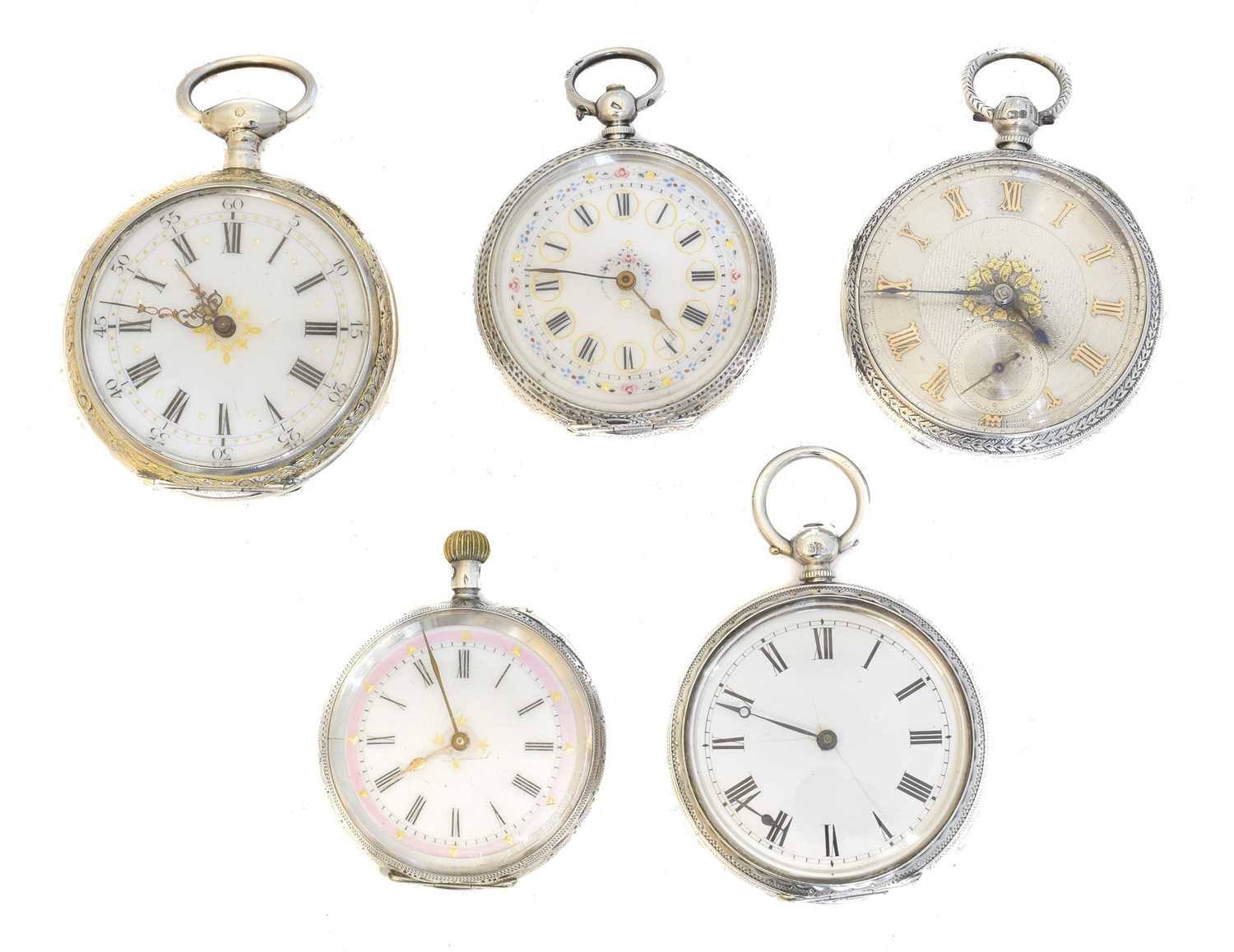 Lot 276 - Five silver fob watches,