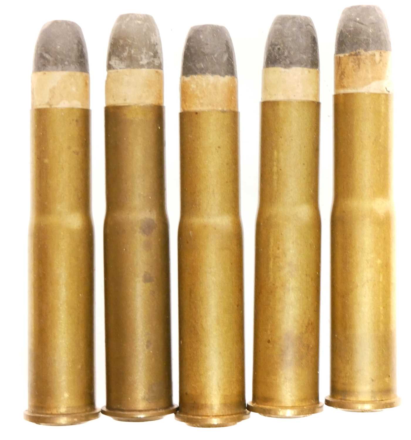 Five inert 11x60mm Mauser bolt action rifle cartridges,