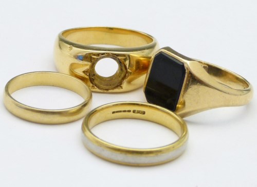 Lot 349 - Two 18ct gold bands; 9ct signet ring and a