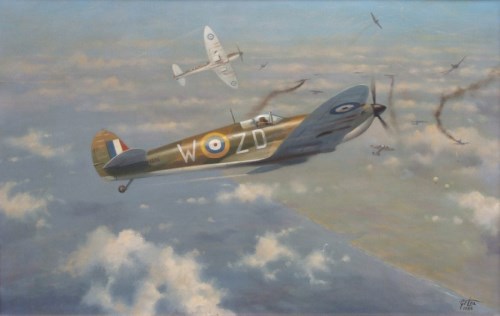Lot 427 - Geoff Lea, MK1 Spitfire, oil on canvas and a