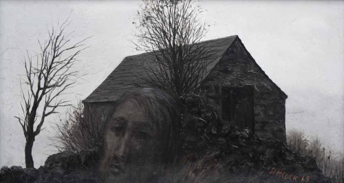 Lot 377 - Jack Simcock, Building and a figure, oil.