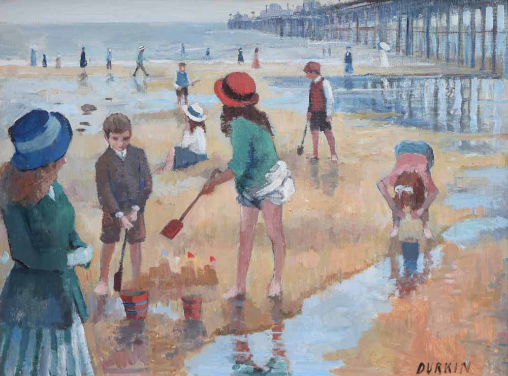Lot 402 - Tom Durkin, Beach scene with figures, oil.