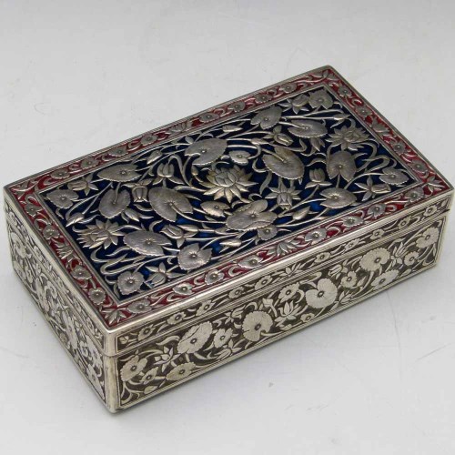 Lot 343 - Indian white metal cigarette box with blue