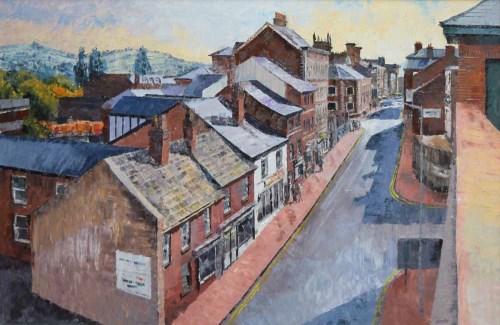 Lot 430 - Ken Mosley, Street scene with figures, oil.