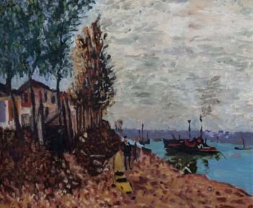 Lot 473 - Alec Fleming, River barges with figures, oil.