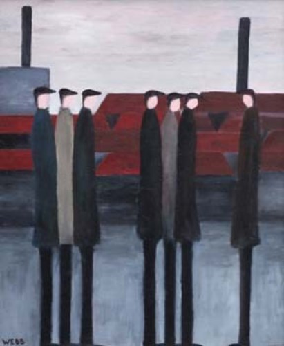 Lot 420 - Nick Webb, Flat Caps and Factories, oil.