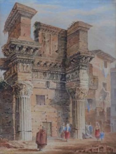 Lot 107 - Samuel Prout, Figures by a classical ruin,