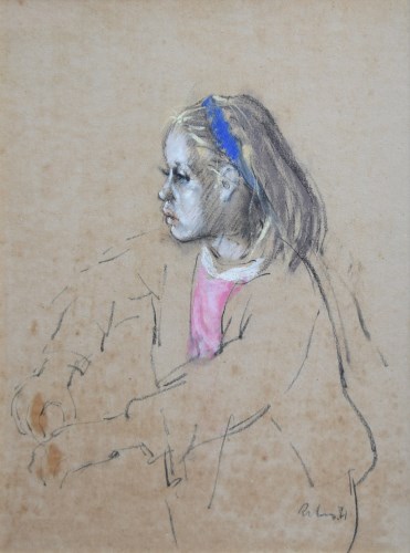 Lot 377 - Harold Riley, Portrait of a seated girl,